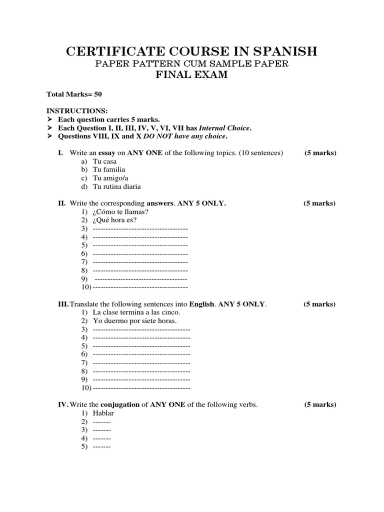 Certificate Course in Spanish: Final Exam | PDF | Linguistics | Morphology