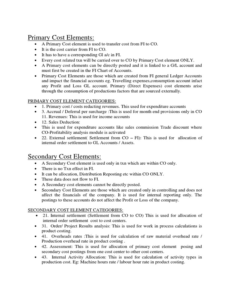 Primary Cost Elements | PDF | Cost | Expense