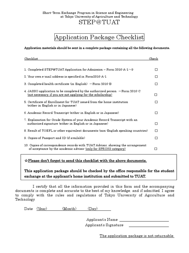 STEP@TUAT Application Checklist | PDF | Academic Degree | Wellness