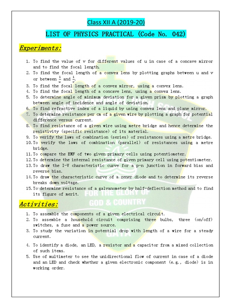 Experiments:: Class XII A (2019-20) List of Physics Practical (Code No ...