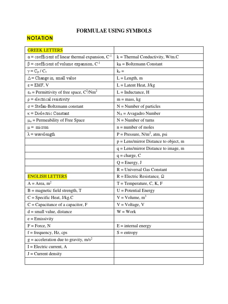 Formulae Using Symbols Notation: - 1 - 1 B P V e | PDF | Electronvolt ...