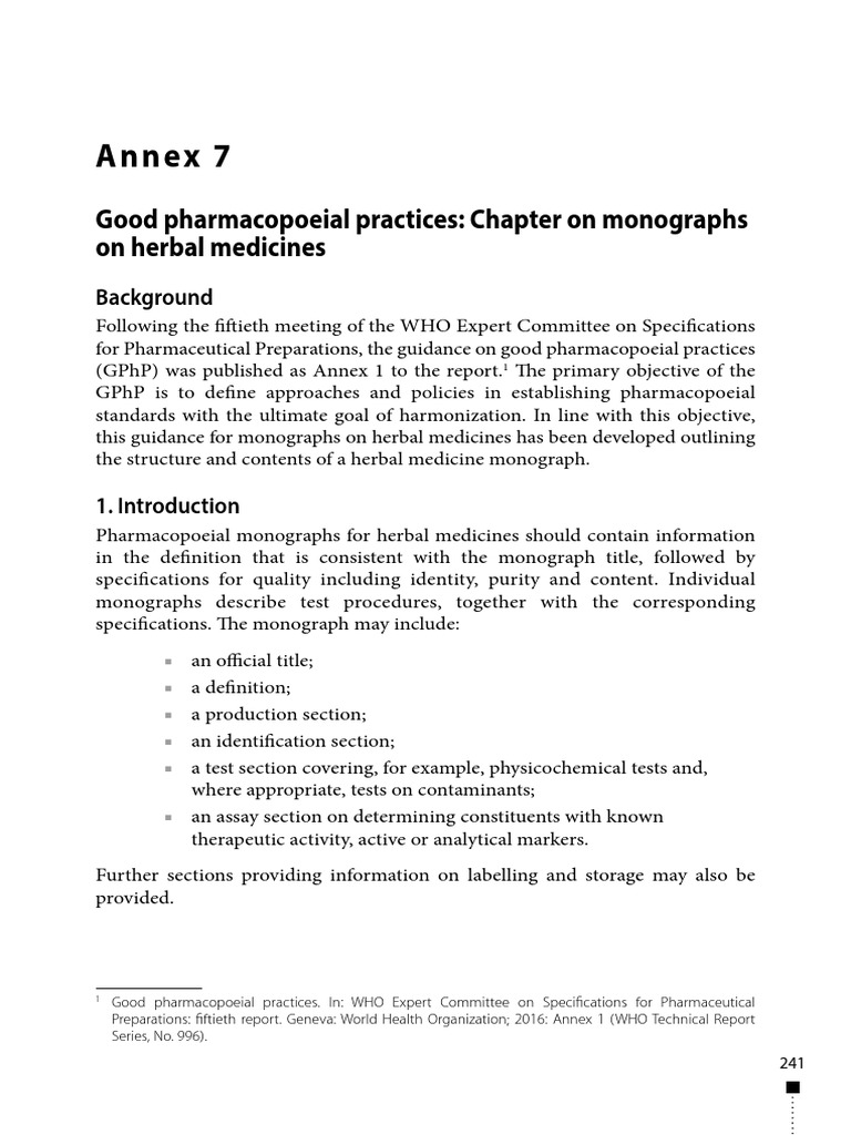 Annex 7: Good Pharmacopoeial Practices: Chapter On Monographs On Herbal ...