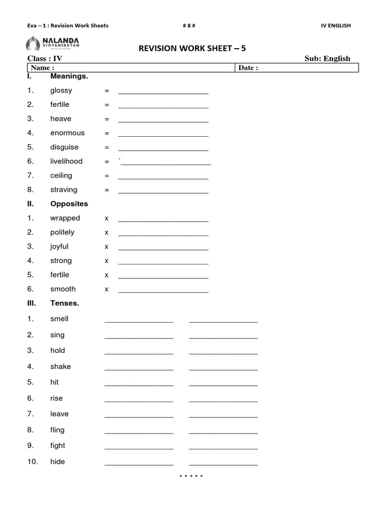 Class 4 English Revision Work Sheets - 5 Eva 1 | PDF