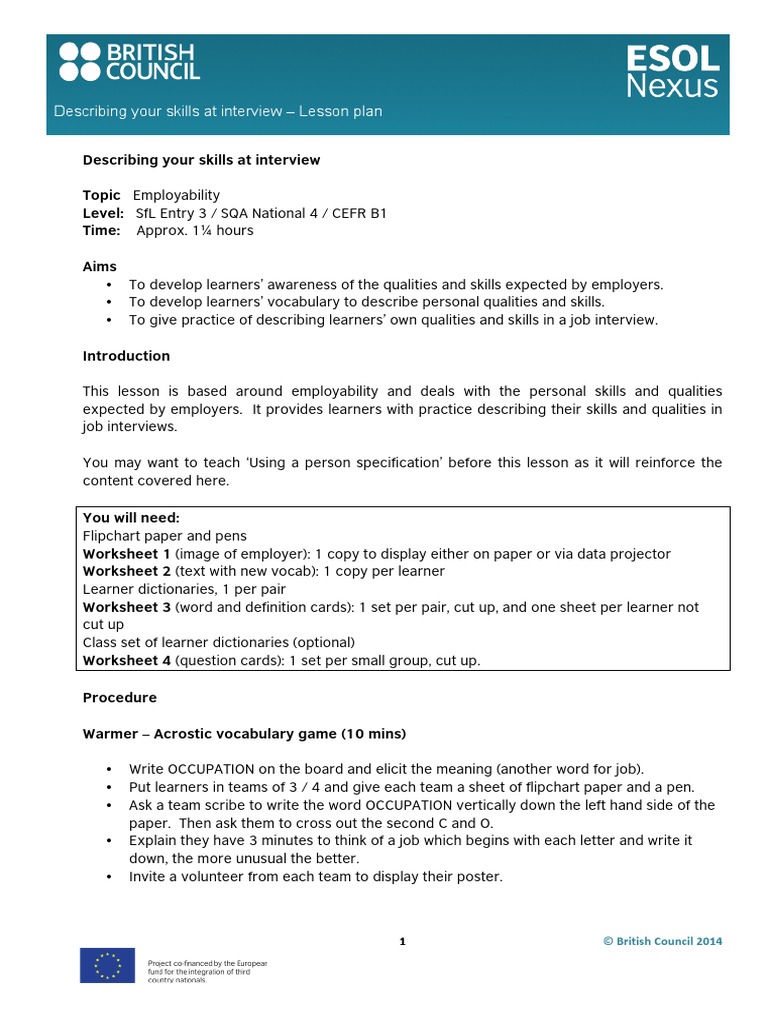 Describing Your Skills at Interview - Lesson Plan | PDF | Vocabulary ...