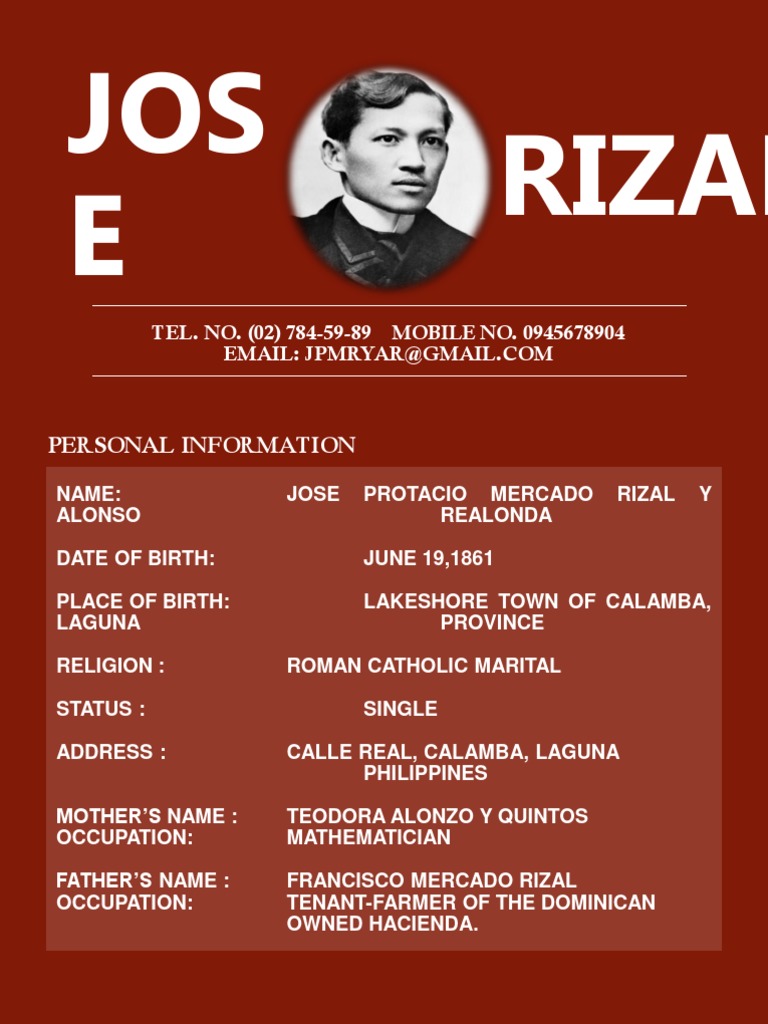 JOS E Rizal: Personal Information | Philippines