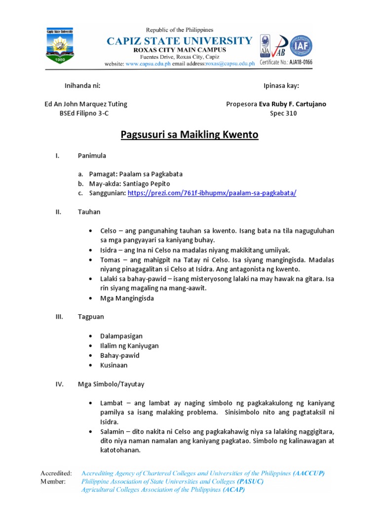 Pagsusuri Sa Maikling Kwentong Paalam Sa Pagkabata Ni Santiago Pepito | PDF