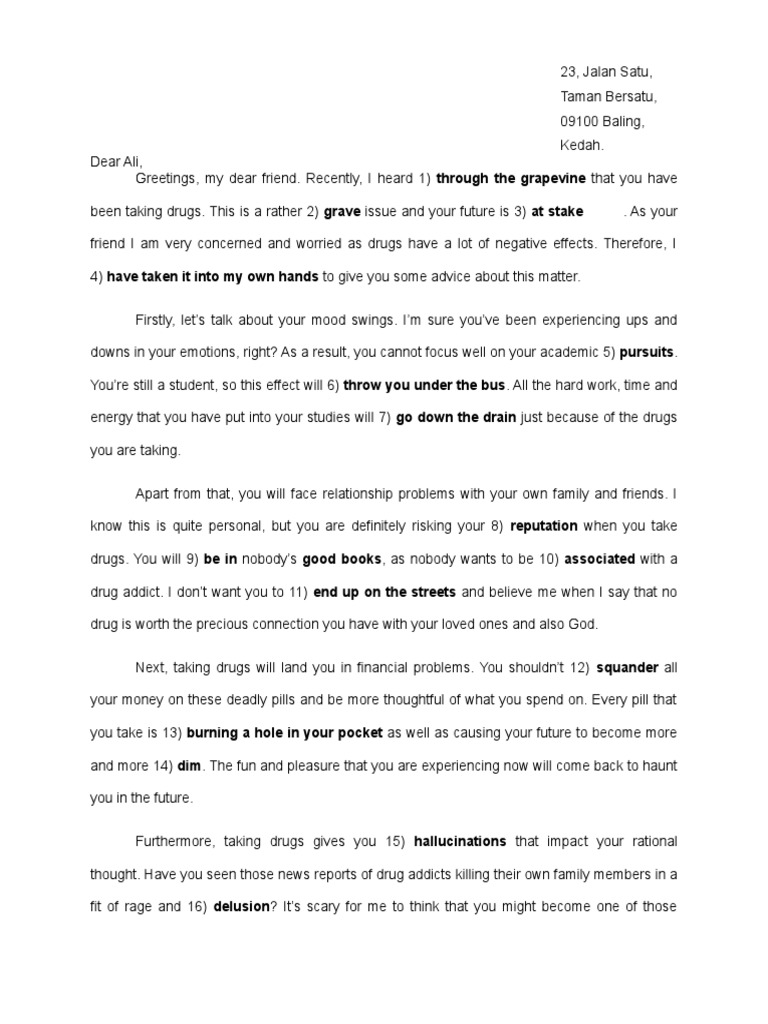 Drug Abuse - Effects and Solutions (Informal Letter) | PDF | Substance ...