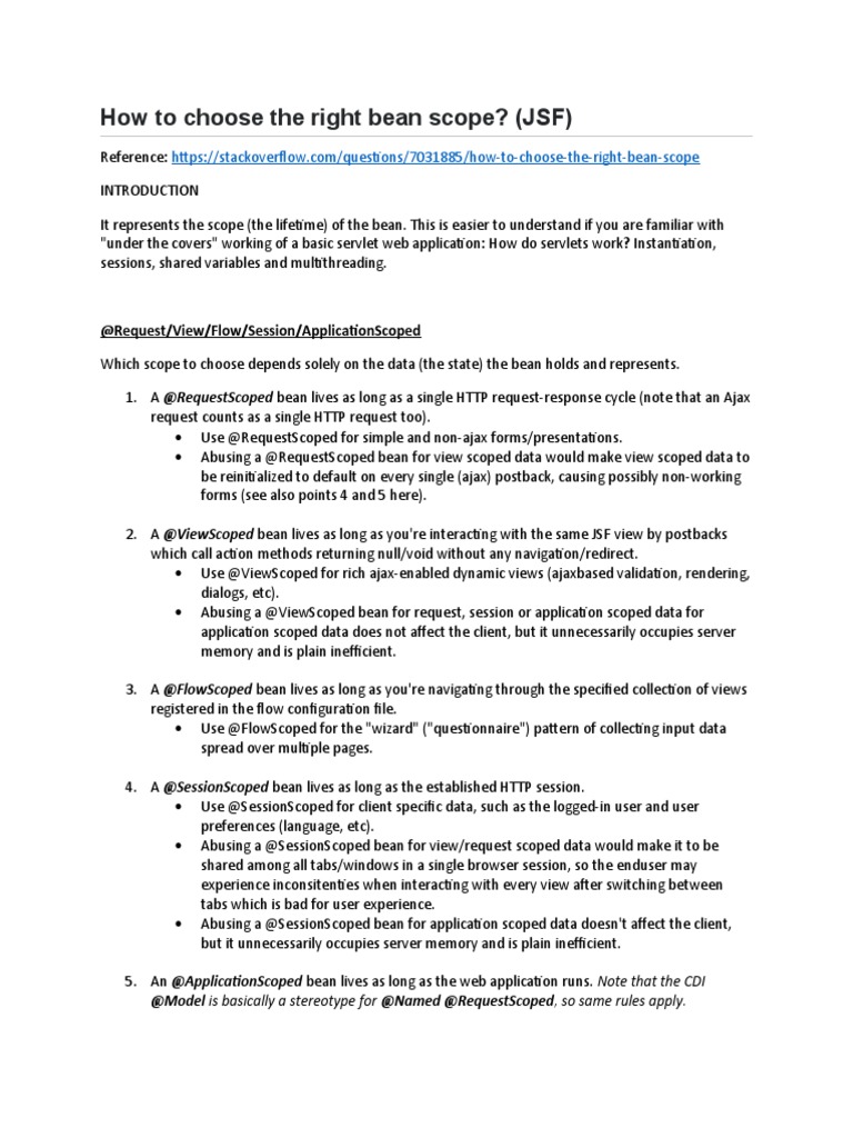 JSF Bean Scope Selection Guide | PDF | Java Server Faces | Hypertext Transfer Protocol