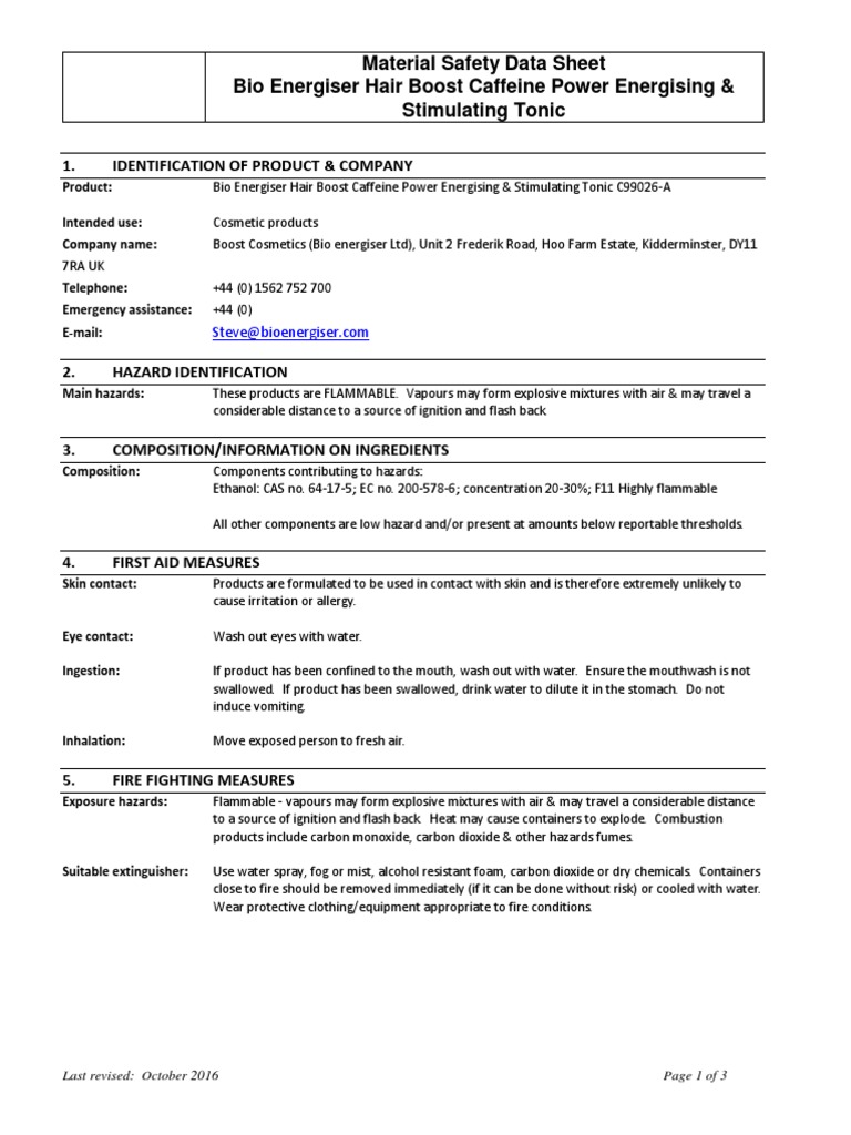 Bio Energiser Hair Boost Caffeine Power Tonic MSDS October 2016 | PDF ...
