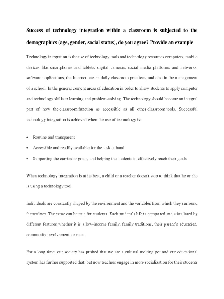 Success of Technology Integration Within A Classroom Is Subjected To The Demographics | PDF ...