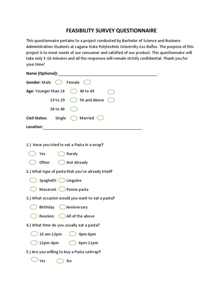 Feasibility Survey Questionnaire | PDF | Pasta | Italian Cuisine