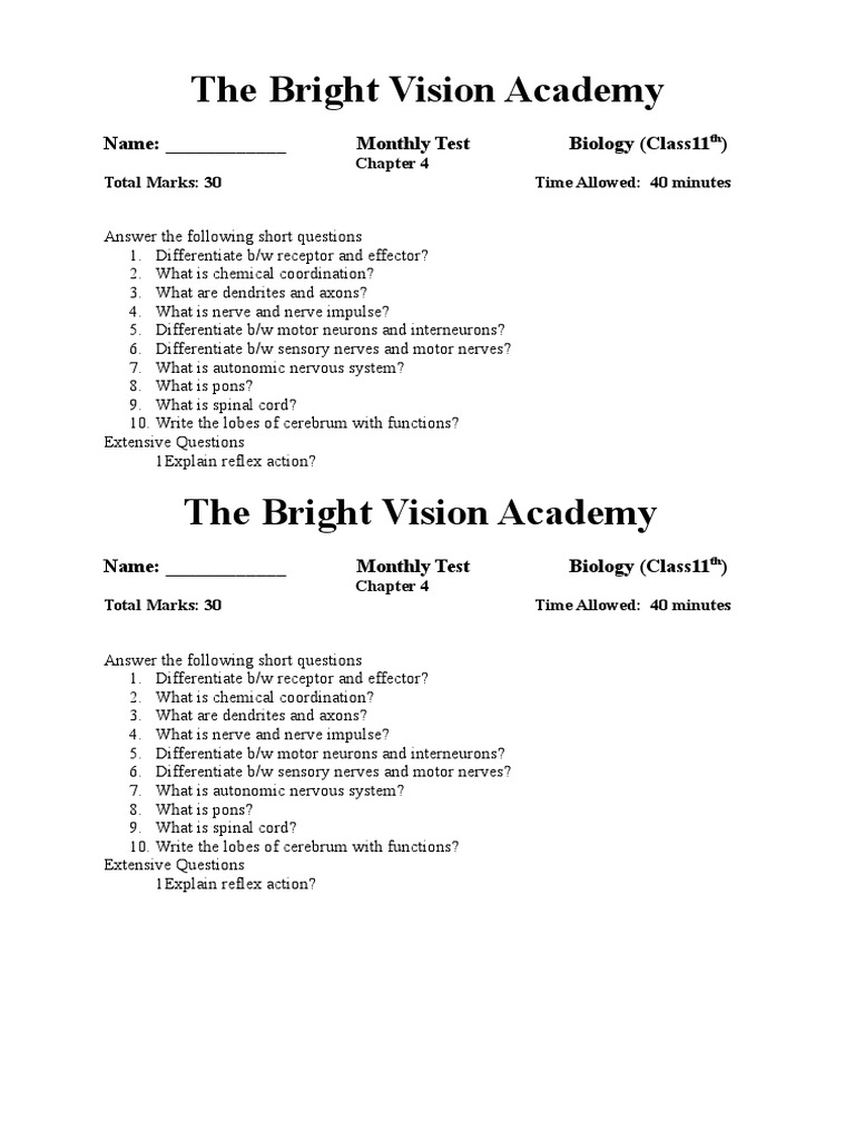 1st Year Monthly Test Biology | PDF