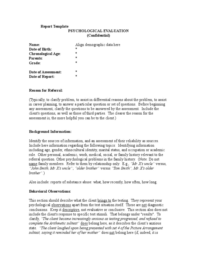 Report Template Psychological Evaluation (Confidential) Name: Date of Birth: Chronological Age ...