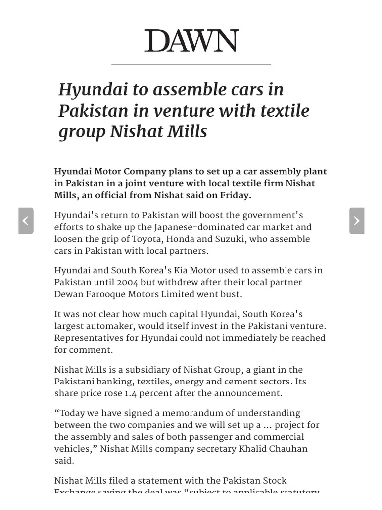 Hyundai To Assemble Cars In Pakistan In Venture With Textile Group