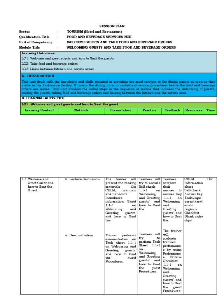 FBS Session Plan (Lo3) | PDF | Foodservice | Tableware