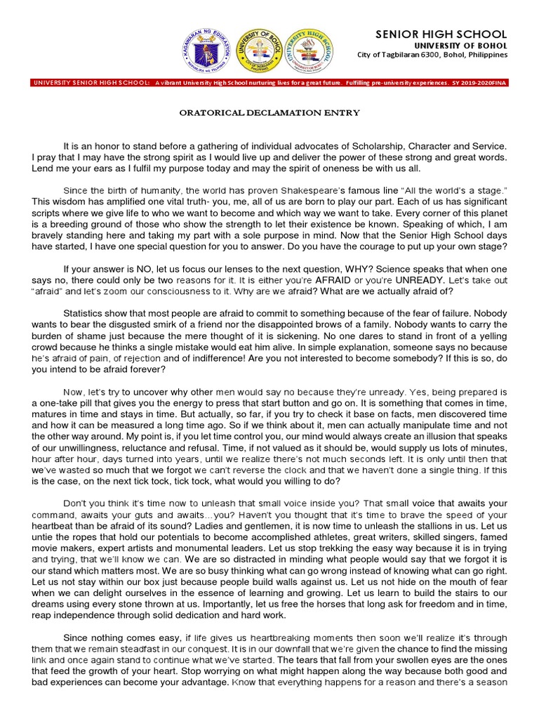 Senior High School: Oratorical Declamation Entry | PDF