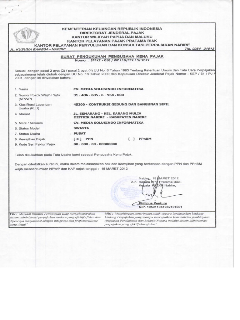 Surat Pengukuhan Kena Pajak | PDF