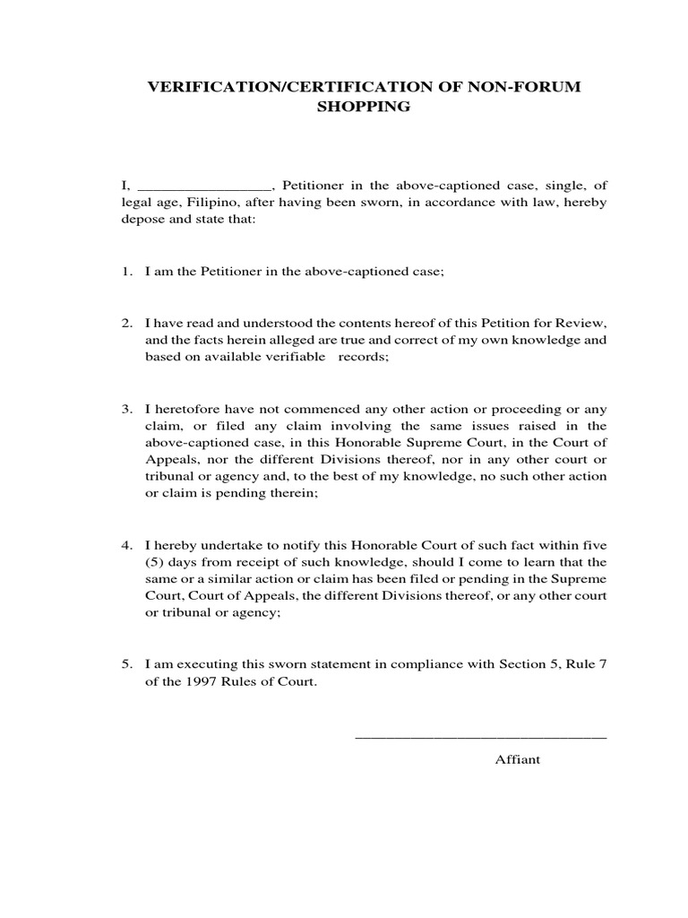Verification Certification of Non-Forumshopping | PDF | Affidavit ...