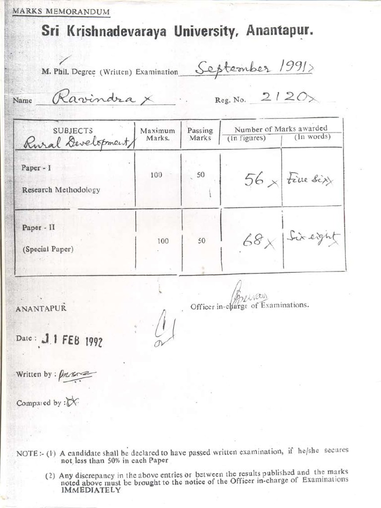 M.Phil-RD Marks Card PDF | PDF