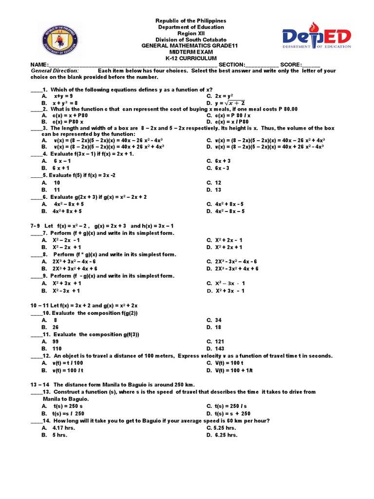 G11 Midterm Exam | PDF | Fraction (Mathematics) | Function (Mathematics)