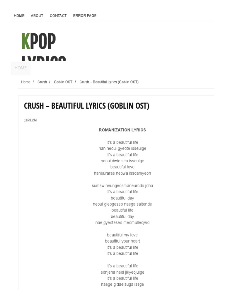 Crush - Beautiful Lyrics (Goblin OST) - Kpop Lyrics 2 You | PDF | Web 2 ...