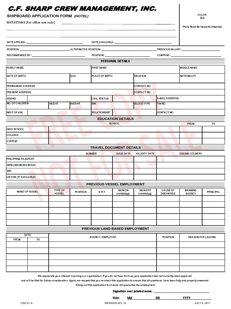 C.F. Sharp Crew Management, Inc.: Shipboard Application Form | PDF ...