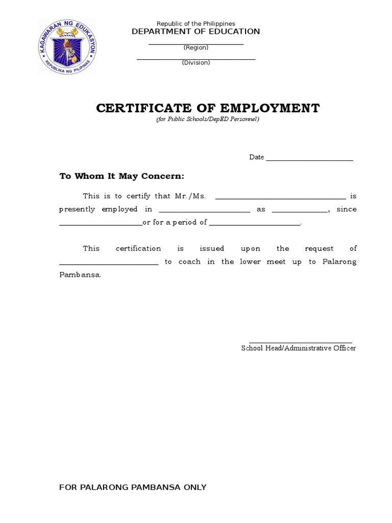 Certificate of Employment DEPED Personnel | PDF