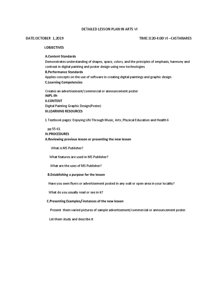 Detailed Lesson Plan in Arts Vi Oct 1 | PDF | Graphic Design | Poster