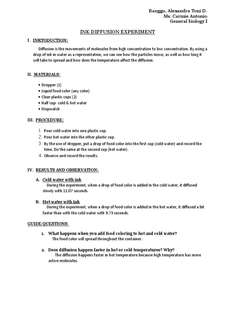 Ink Diffusion Experiment | PDF | Osmosis | Diffusion