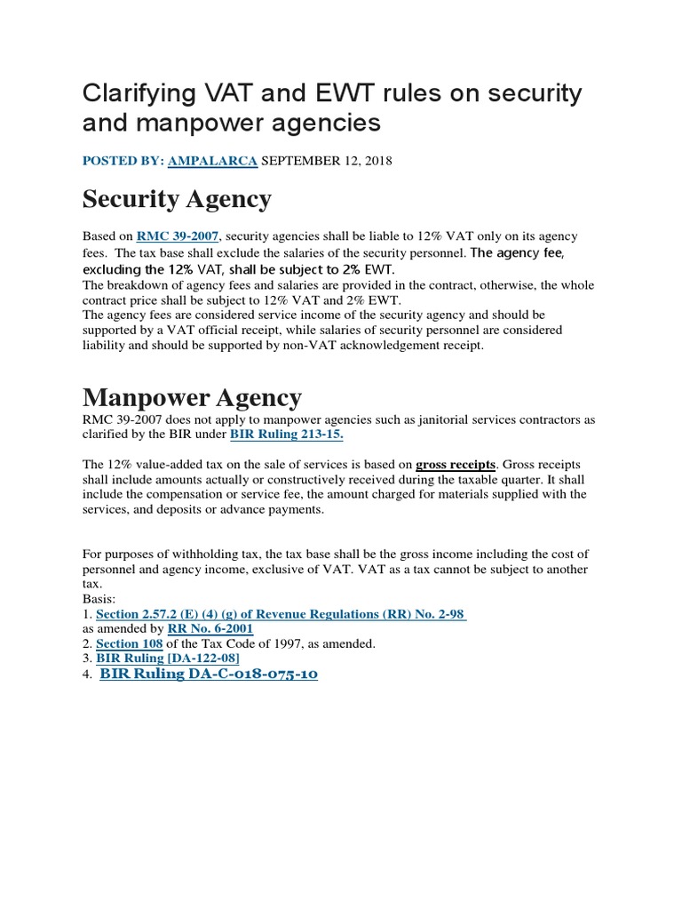 Clarifying VAT and EWT Rules On Security and Manpower Agencies | PDF ...