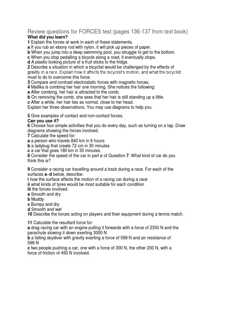 Review Questions For FORCES Test | PDF