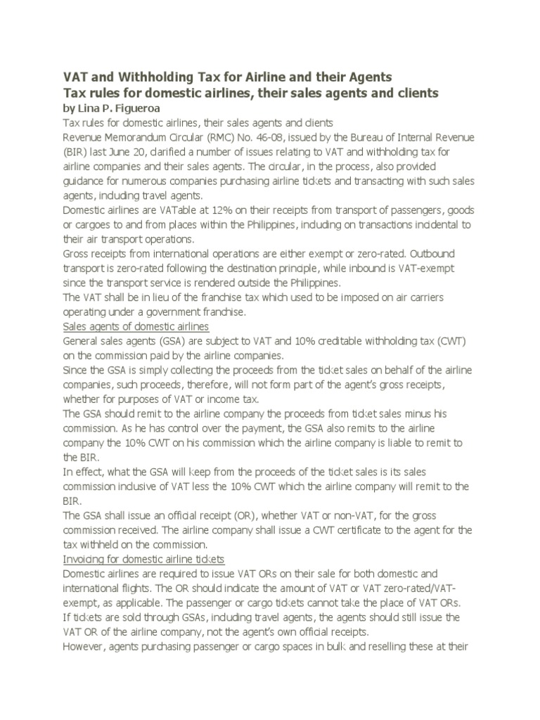 VAT and Withholding Tax For Airline and Their Agents | PDF | Value ...