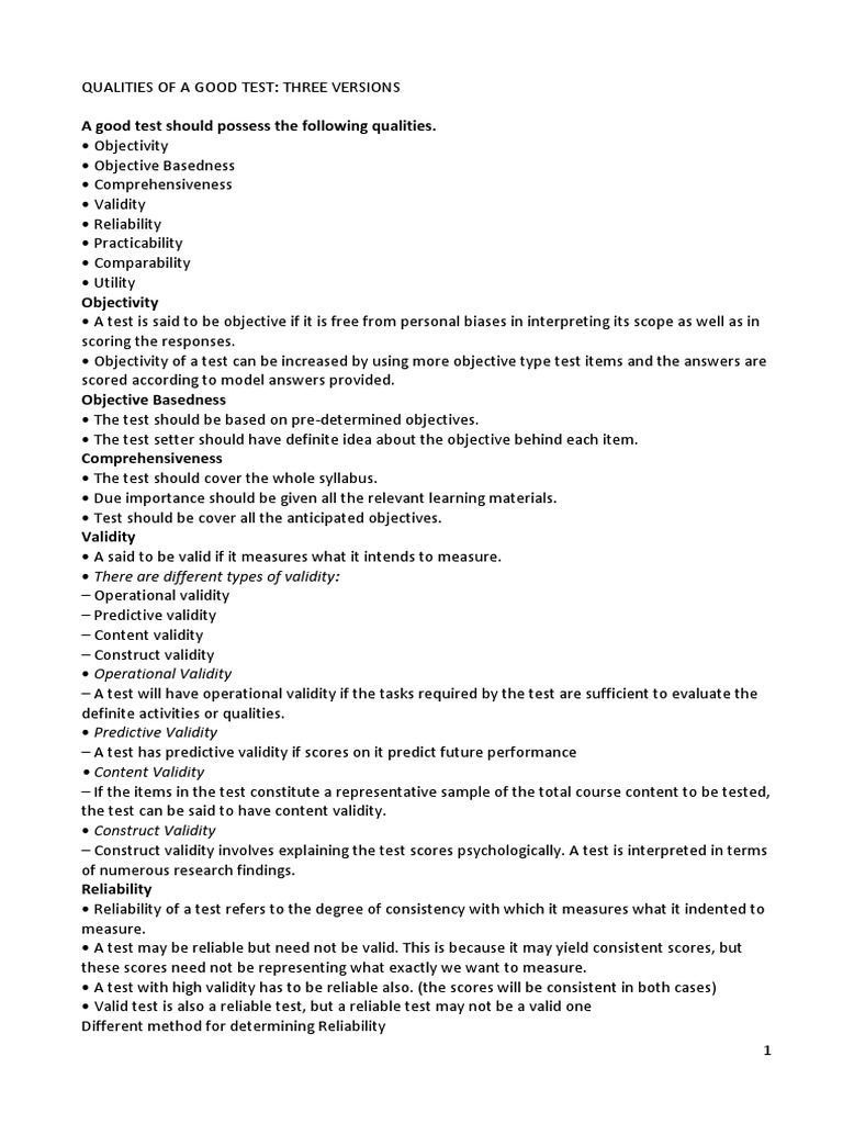 Qualities of A Good Test | PDF | Validity (Statistics) | Applied Psychology