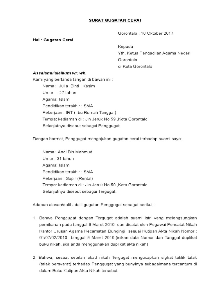Format Surat Gugat Cerai | PDF