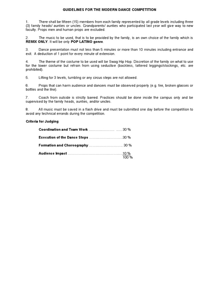 Guidelines For Modern Dance Competition | PDF