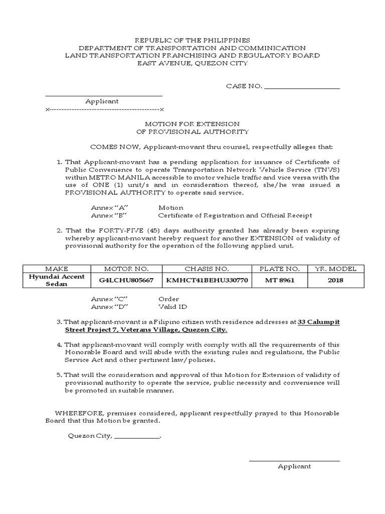 MOTION FOR EXTENSION OF PROVISION AUTHORITY.docx | Common Law | Government