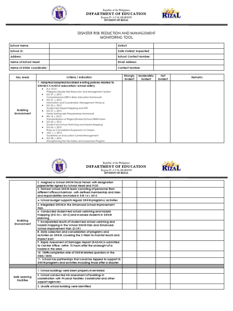School DRRM Monitoring Tool Checklist | PDF | Disaster Risk Reduction ...