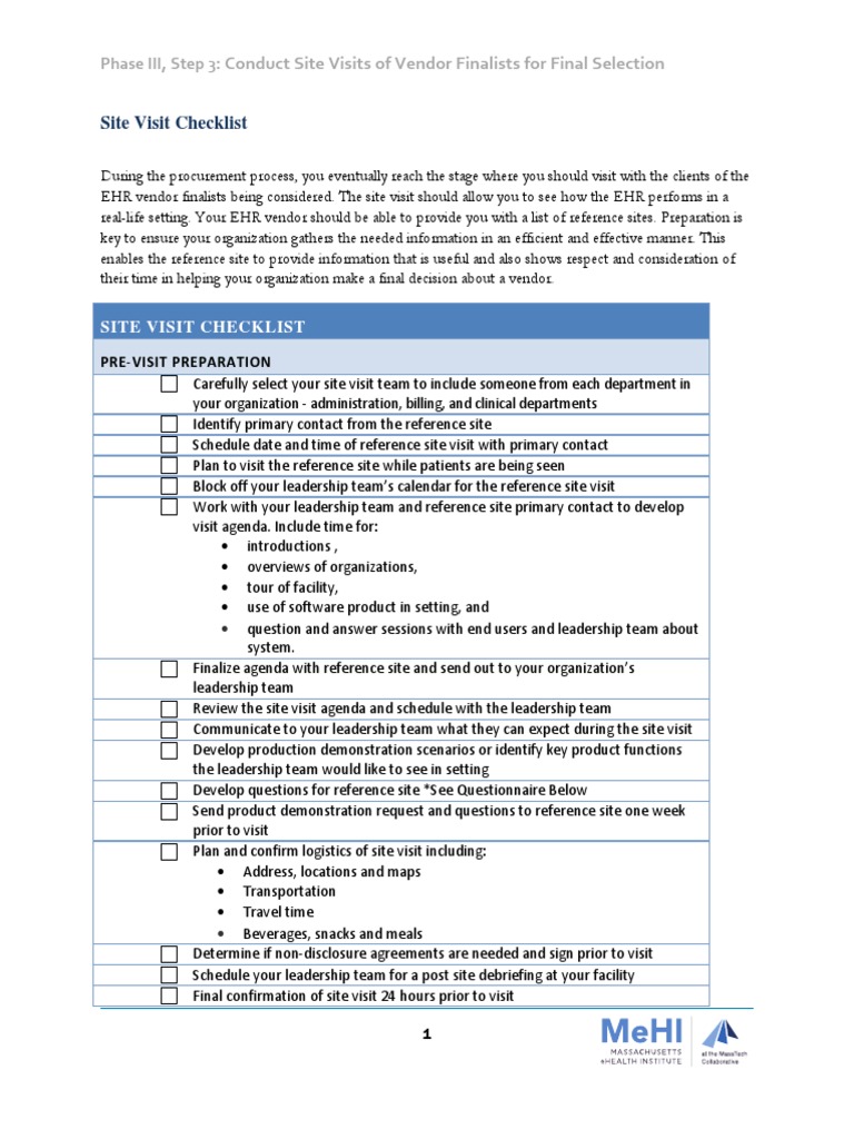 Vendor Selection Site Visit Checklist and Questionnaire | PDF ...