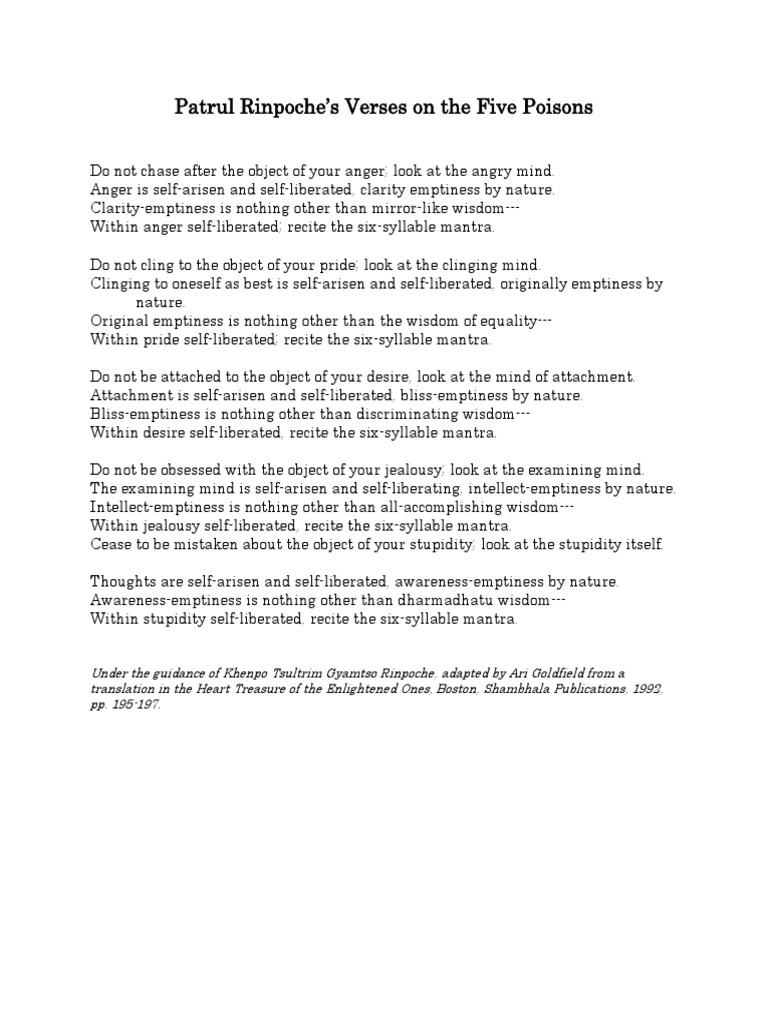 Patrul Rinpoche's Verses On The Five Poisons | PDF