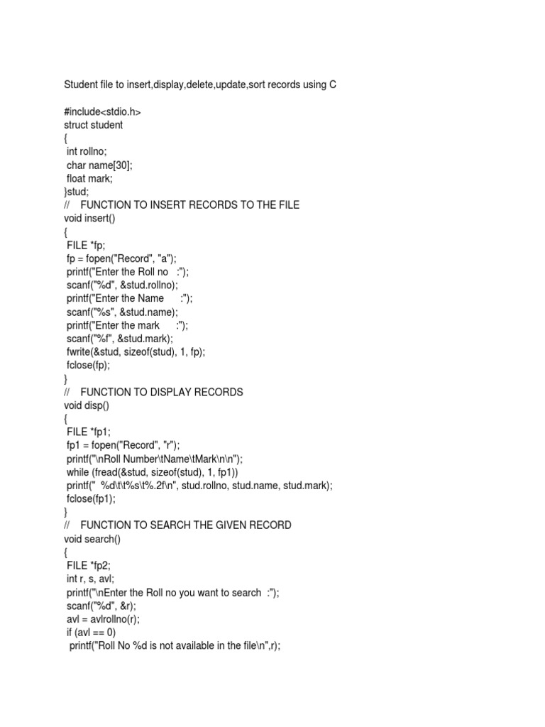 Student File To Insert, Display, Delete, Update, Sort Records Using C | PDF | Software | Models ...