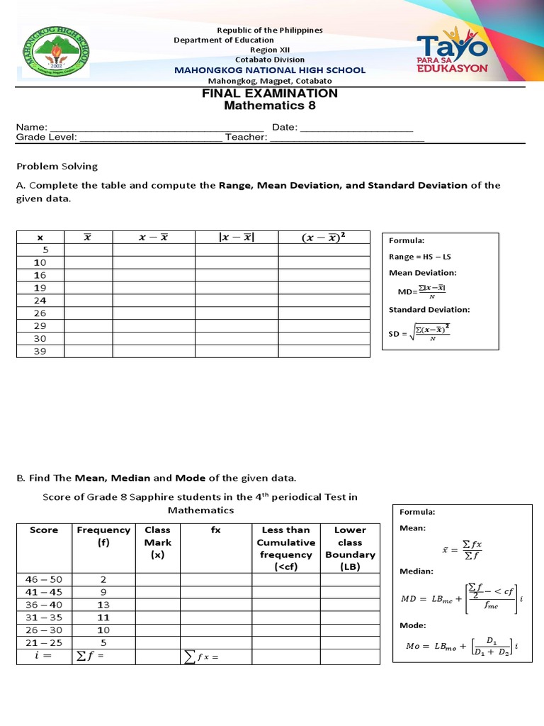 Math 8 Final Exam | PDF | Standard Deviation | Descriptive Statistics