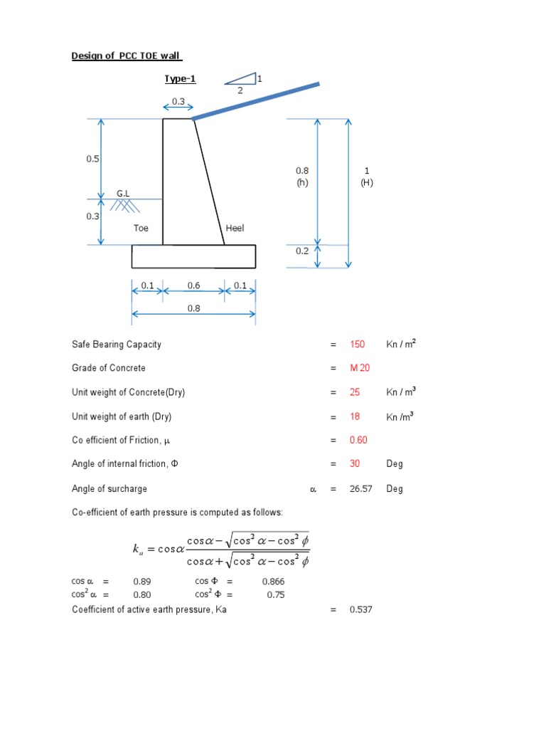 PCC Toe Wall Design Analysis | PDF | Bending | Stress (Mechanics)