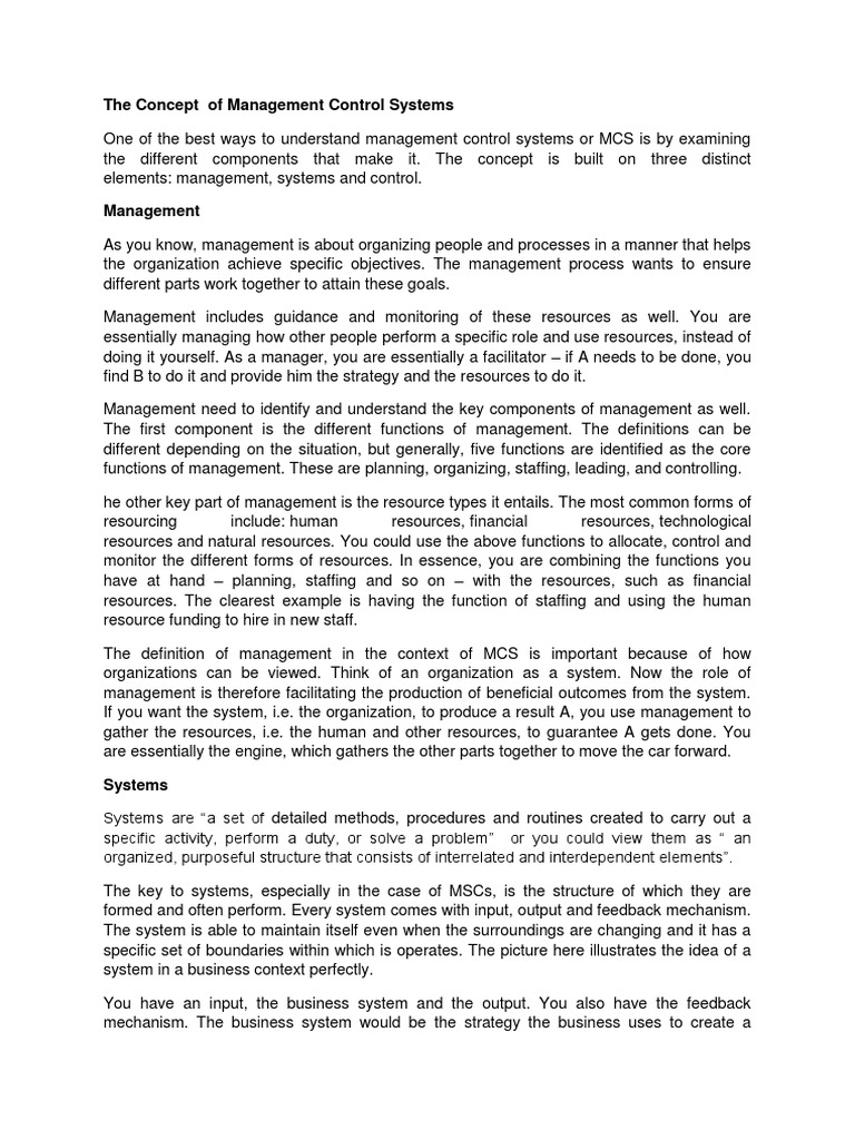 Components Of Management Control Systems Pdf System Resource