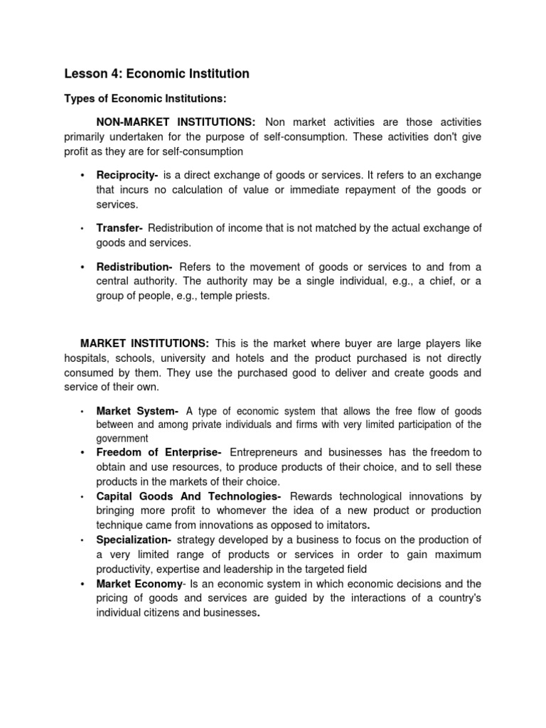 Lesson 4: Economic Institution: Types of Economic Institutions: Non ...