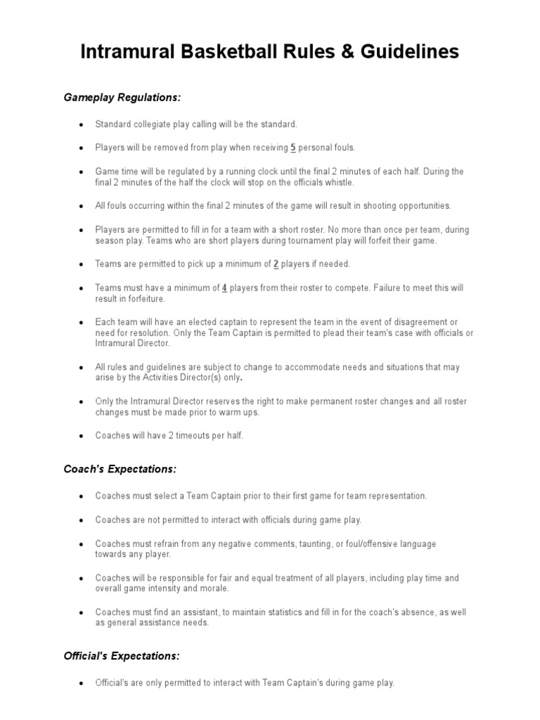 Intramural Basketball Rules & Guidelines: Gameplay Regulations | PDF ...