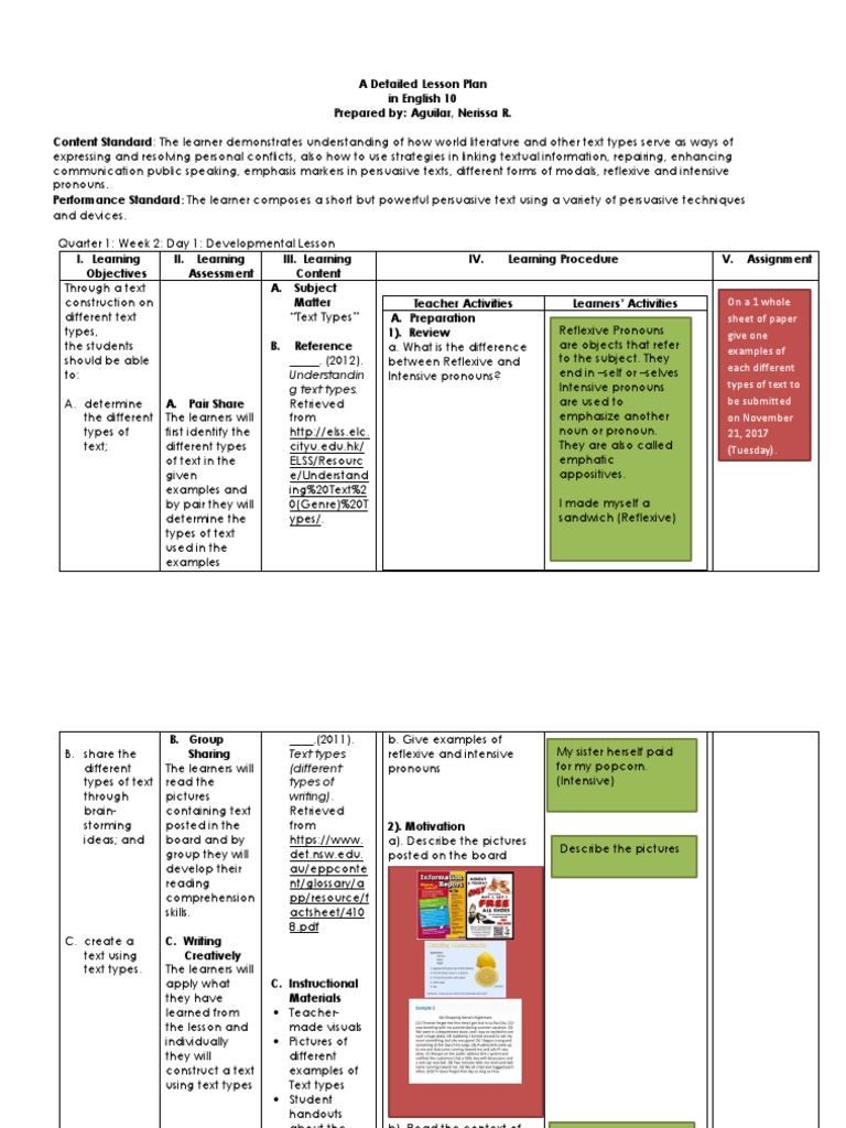 Detailed Lesson Plan in English 10 (Text Types) | PDF | Lesson Plan ...