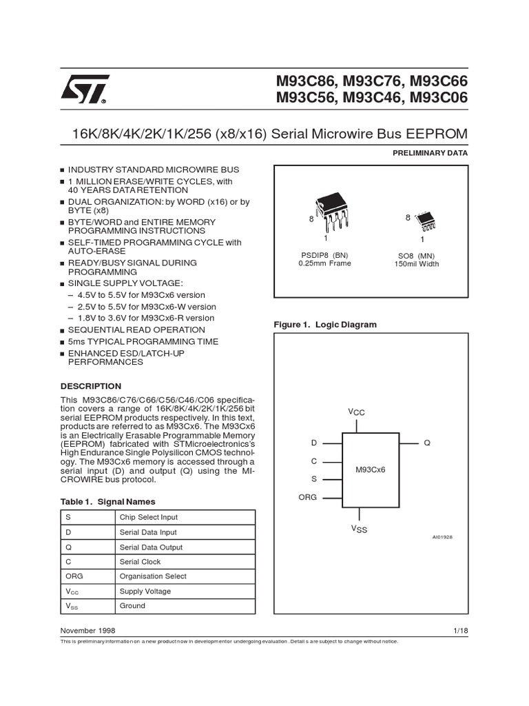 16K/8K/4K/2K/1K/256 (x8/x16) Serial Microwire Bus EEPROM: M93C86, M93C76, M93C66 M93C56, M93C46 ...