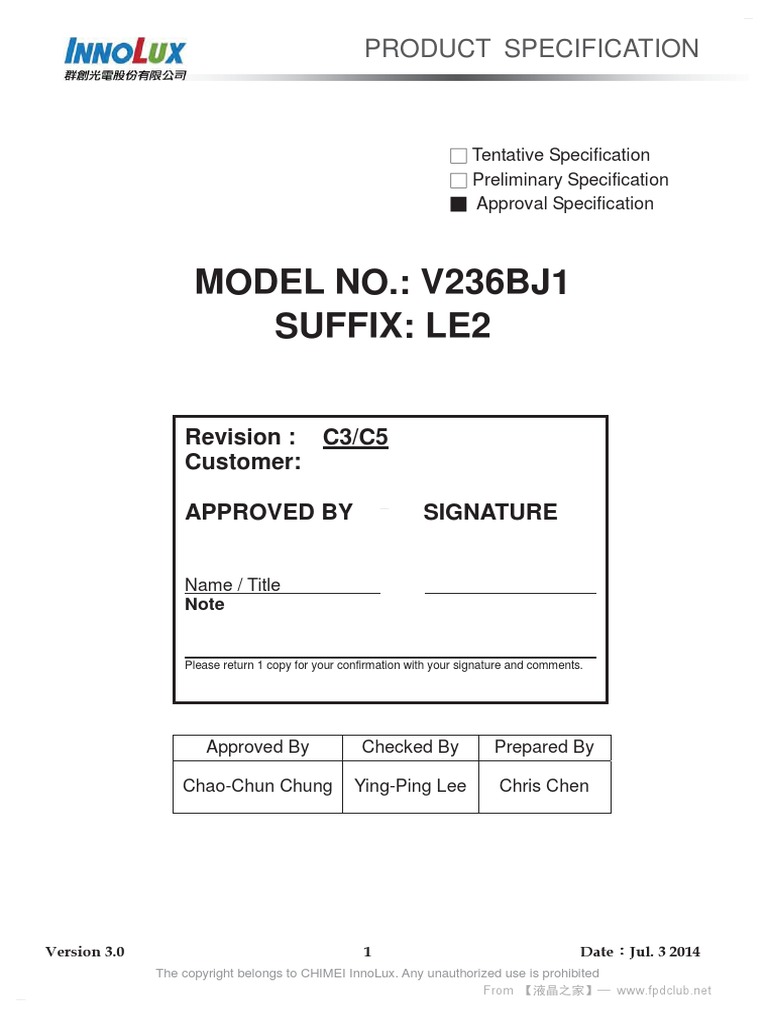 MODEL NO.: V236BJ1 Suffix: Le2: Product Specification | PDF | Display ...