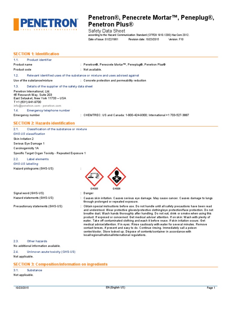 Penetron®, Penecrete Mortar™, Peneplug®, Penetron Plus®: Safety Data Sheet | Toxicity | Personal ...