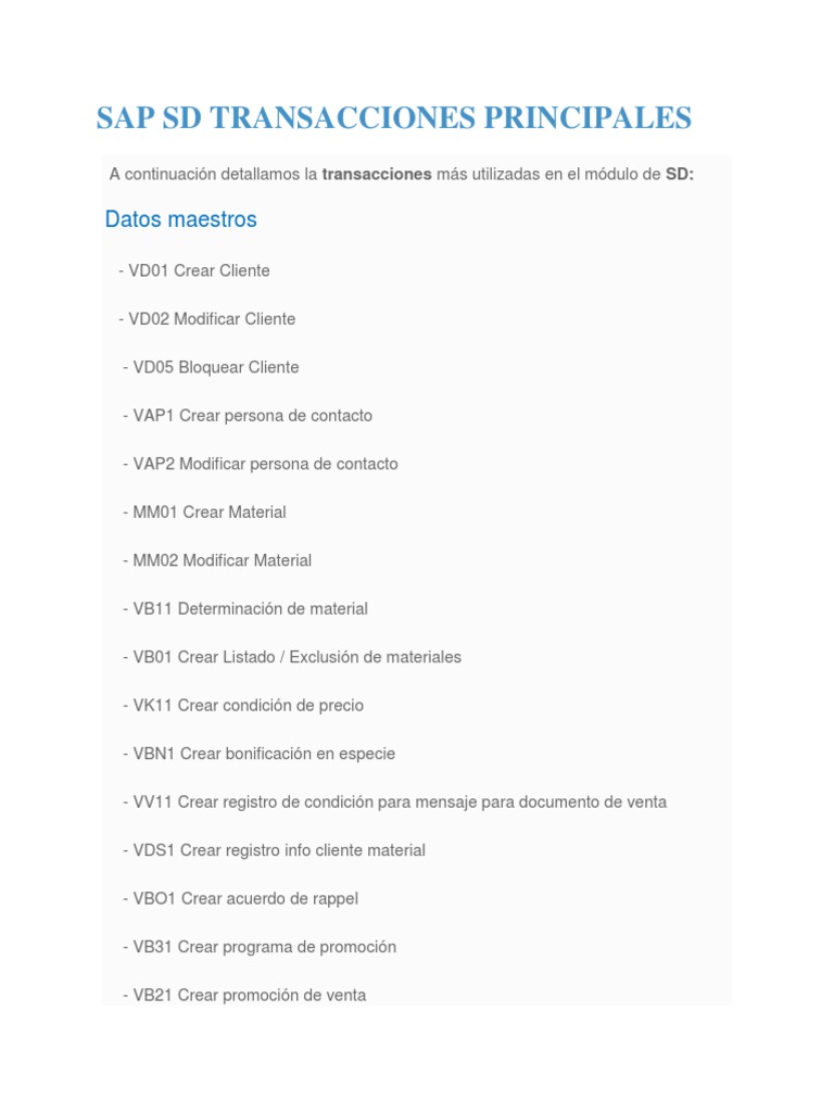 Sap SD Transacciones Principales | PDF